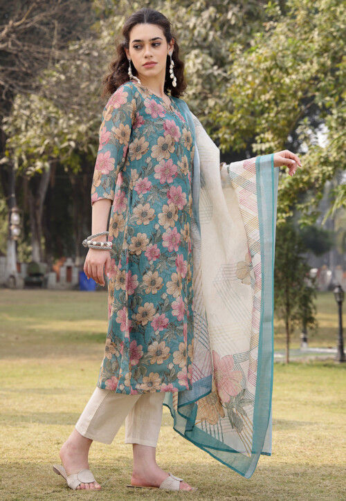 Buy Digital Printed Linen Cotton A Line Suit in Blue Online : KJL2665 ...