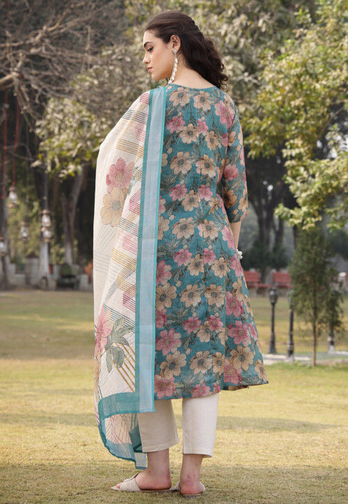 Buy Digital Printed Linen Cotton A Line Suit in Blue Online : KJL2665 ...