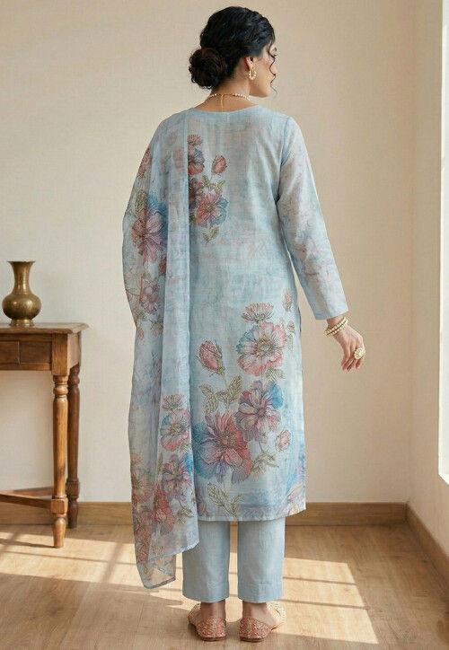 Buy Digital Printed Linen Cotton Pakistani Suit in Light Blue Online ...