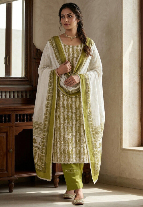 Buy Digital Printed Linen Cotton Pakistani Suit in Olive Green Online ...