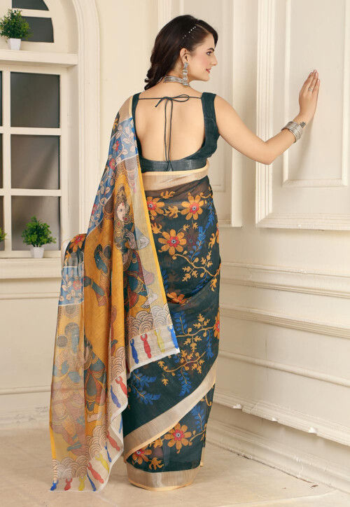 Buy Digital Printed Linen Cotton Saree in Black Online : SPF15695 ...