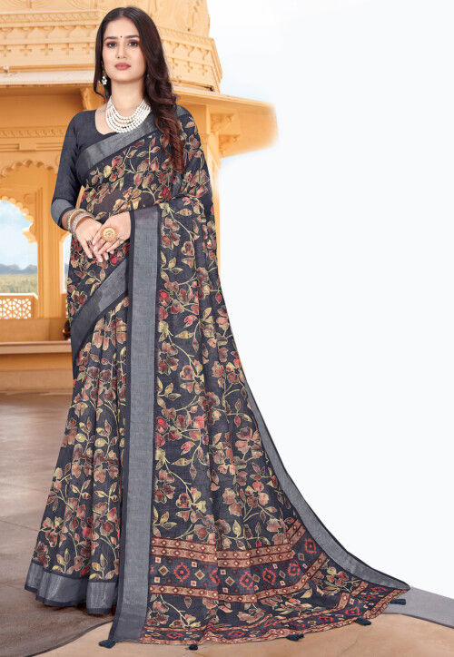 Buy Digital Printed Linen Cotton Saree in Black Online : SSF25112 ...