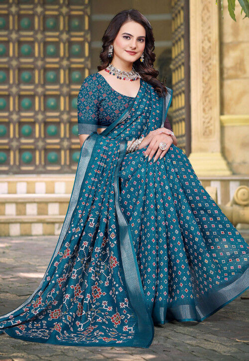 Buy Digital Printed Linen Cotton Saree in Teal Blue Online : SPF15507 ...