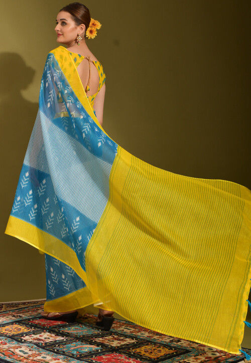Buy Digital Printed Linen Saree in Blue Online : SPF6847 - Utsav Fashion