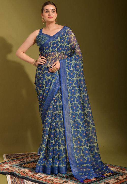 Buy Digital Printed Linen Saree in Navy Blue Online : SPF6848 - Utsav ...