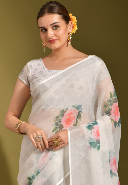 Buy Digital Printed Linen Saree in Off White Online : SPF6913 - Utsav ...