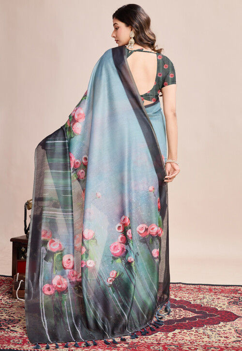 Buy Digital Printed Linen Saree in Shaded Blue and Black Online ...