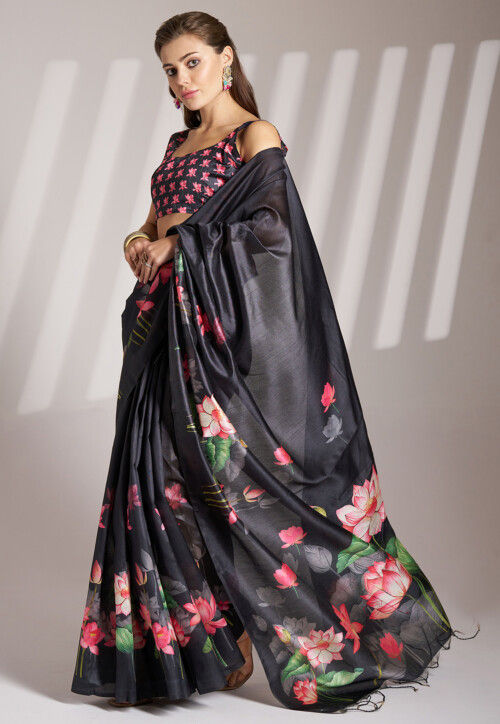 Buy Digital Printed Linen Silk Saree in Black Online : SPF13764 - Utsav ...