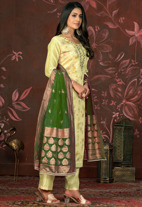 Buy Digital Printed Modal Silk Jacquard Pakistani Suit in Yellow Online ...