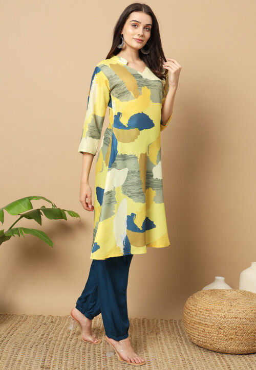 Buy Digital Printed Muslin Cotton Aline Kurta Set Set in Yellow Online ...