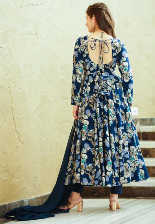 Buy Digital Printed Muslin Cotton Anarkali Suit In Navy Blue Online