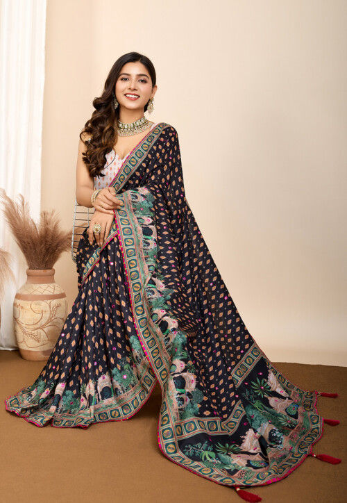 Buy Digital Printed Muslin Cotton Saree in Black Online : SPF13628 ...