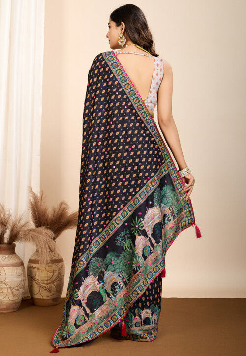 Buy Digital Printed Muslin Cotton Saree in Black Online : SPF13628 ...