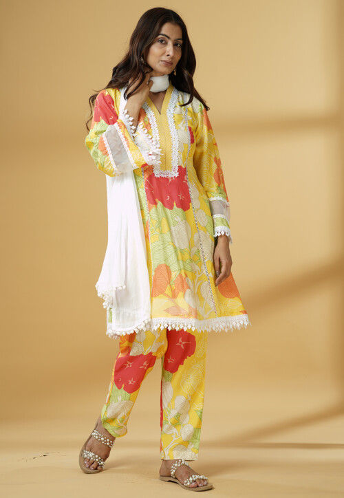 Buy Digital Printed Muslin Silk A Line Suit in Multicolor Online ...