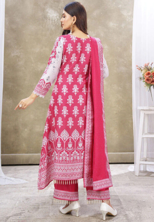 Buy Digital Printed Muslin Silk A Line Suit in White and Fuchsia Online ...