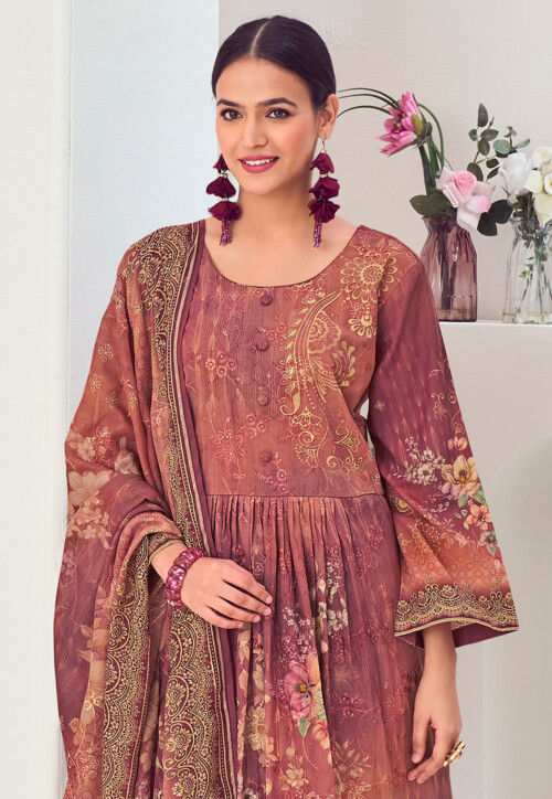 Buy Digital Printed Muslin Silk Pakistani Suit in Old Rose Online ...