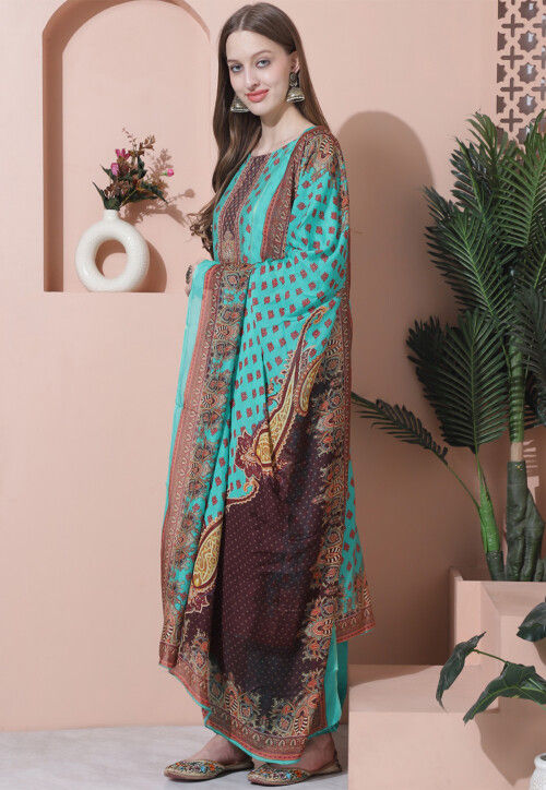 Buy Digital Printed Muslin Silk Pakistani Suit in Turquoise Online ...