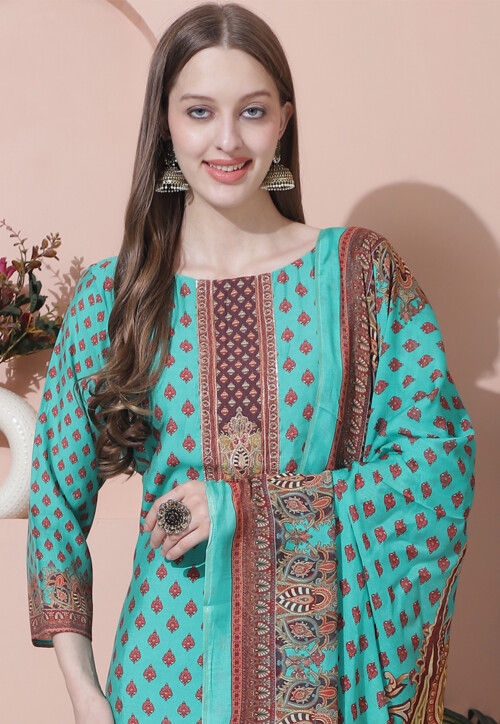 Buy Digital Printed Muslin Silk Pakistani Suit in Turquoise Online ...