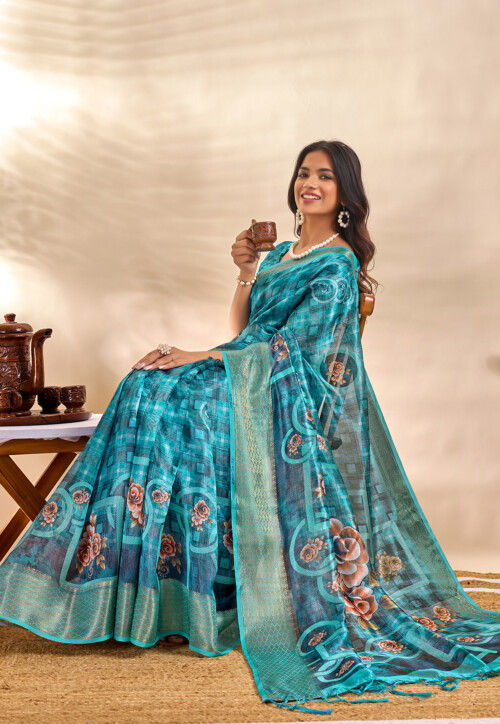 Buy Digital Printed Organza Saree in Teal Blue Online : SCCA420 - Utsav ...