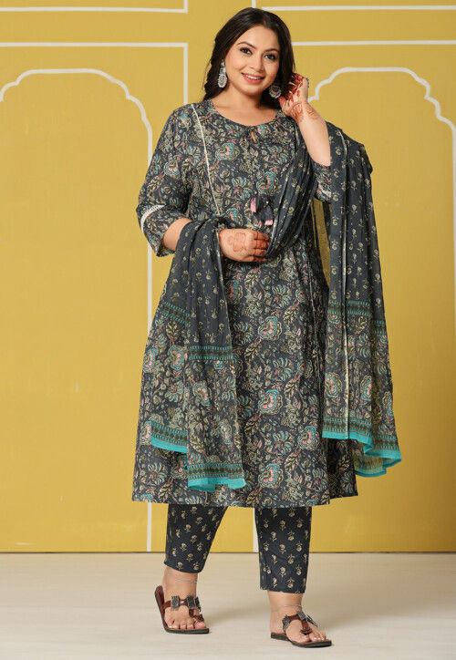 Buy Digital Printed Pure Cotton A Line Suit in Dark Grey Online ...