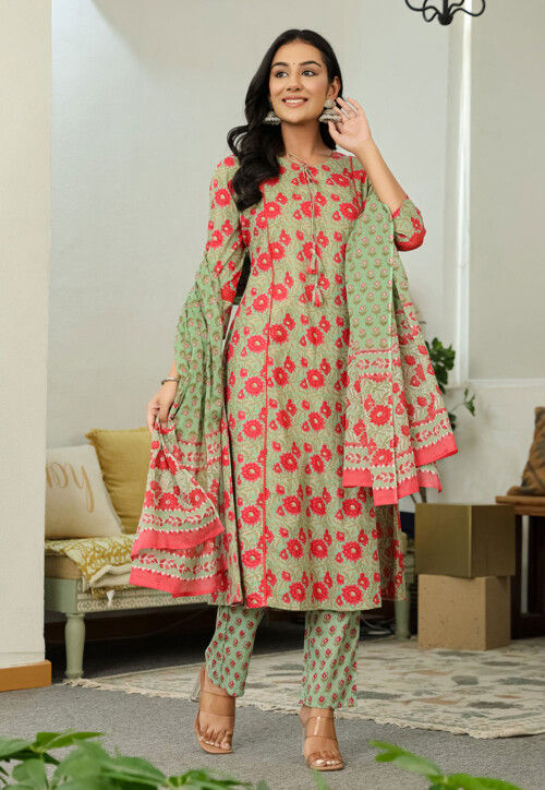 Buy Digital Printed Pure Cotton A Line Suit in Light Green Online ...