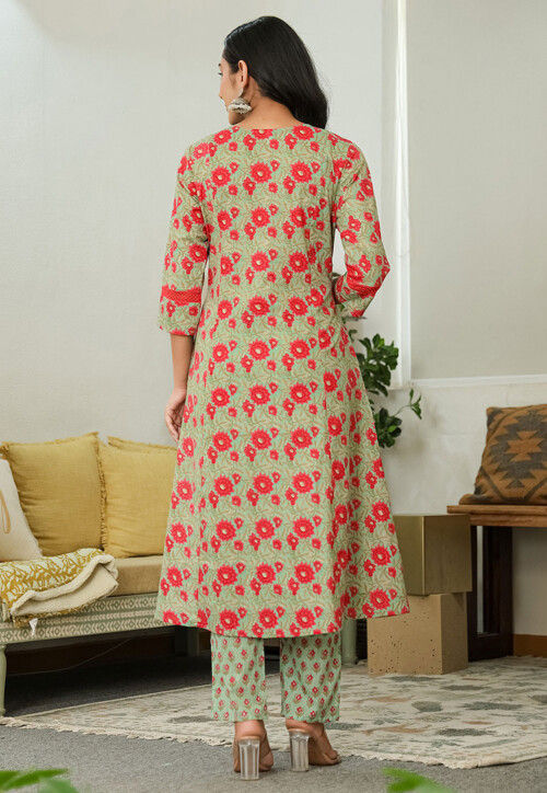 Buy Digital Printed Pure Cotton A Line Suit in Light Green Online ...