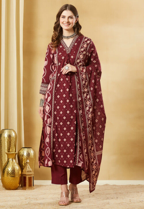 Buy Digital Printed Pure Cotton A Line Suit in Maroon Online : KJX280 ...