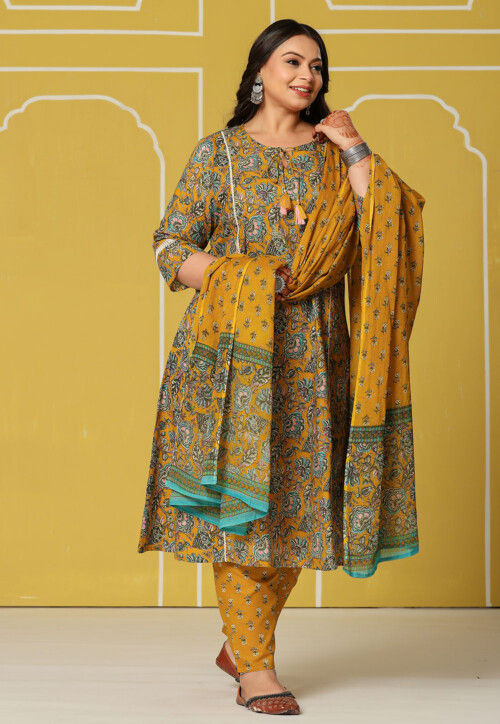 Buy Digital Printed Pure Cotton A Line Suit in Mustard Online : KJL2268 ...