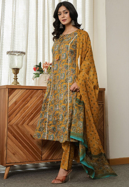 Buy Digital Printed Pure Cotton A Line Suit in Mustard Online : KJL2318 ...
