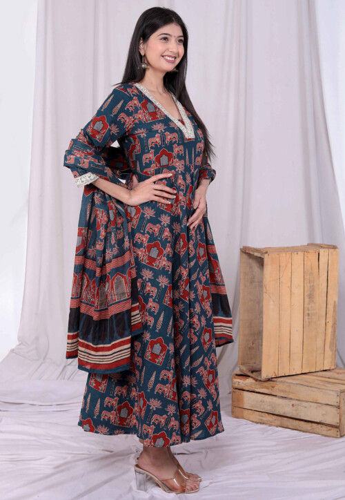 Buy Digital Printed Pure Cotton A Line Suit in Teal Blue Online ...