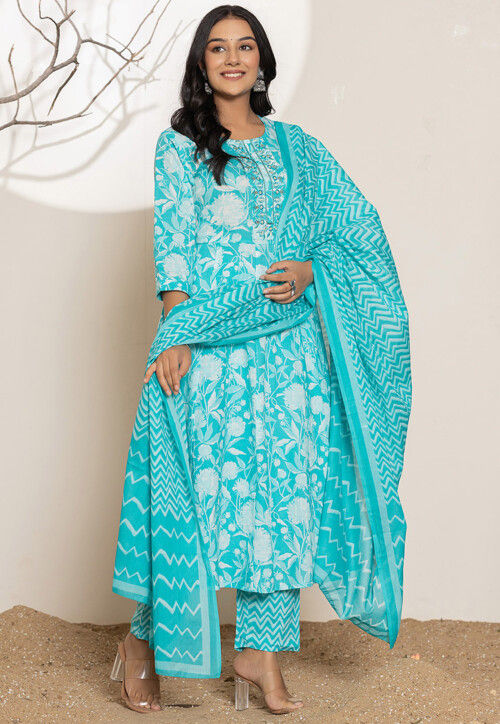 Buy Digital Printed Pure Cotton A Line Suit in Turquoise Online ...