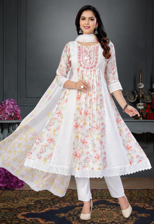 Buy Digital Printed Pure Cotton A Line Suit in White Online : KRD1150 ...