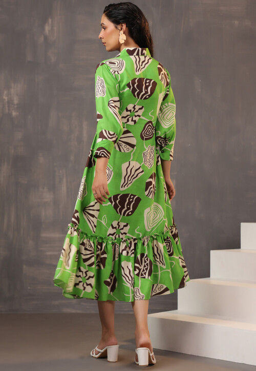 Buy Digital Printed Pure Cotton Aline Dress in Light Green Online ...