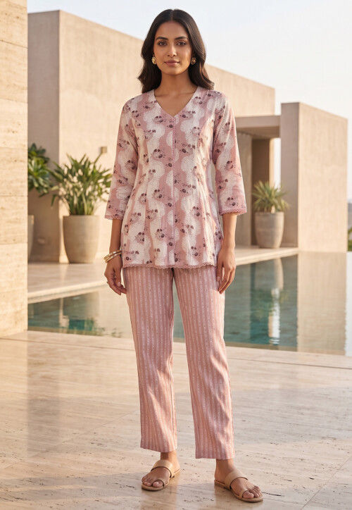 Buy Digital Printed Pure Cotton Co Ord Set in Dusty Pink Online ...