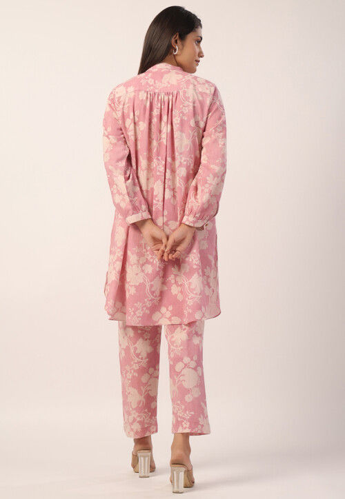 Buy Digital Printed Pure Cotton High Low Kurta Set in Pink Online ...