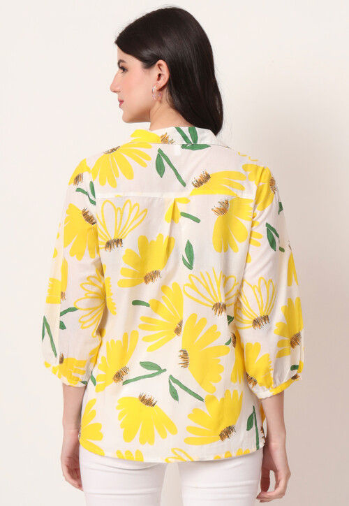 Buy Digital Printed Pure Cotton High Low Top in White and Yellow Online ...