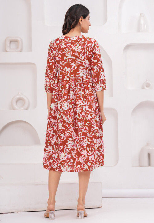 Buy Digital Printed Pure Cotton Midi Dress in Brown Online : TEN261 ...