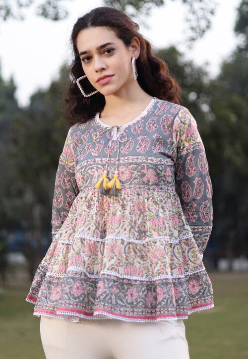 Buy Digital Printed Pure Cotton Peplum Top in Grey and Cream Online ...