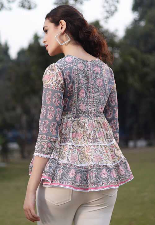 Buy Digital Printed Pure Cotton Peplum Top in Grey and Cream Online ...