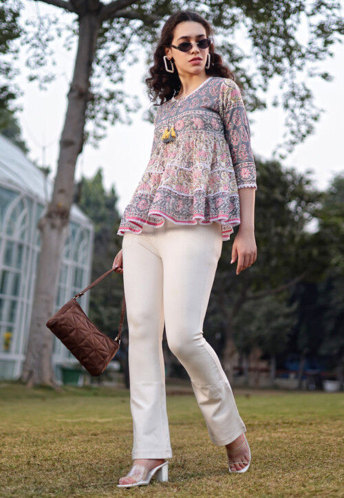 Buy Digital Printed Pure Cotton Peplum Top in Grey and Cream Online ...