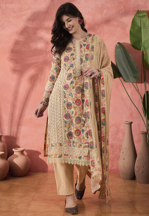 Buy Digital Printed Pure Cotton Scalloped Pakistani Suit in Beige ...