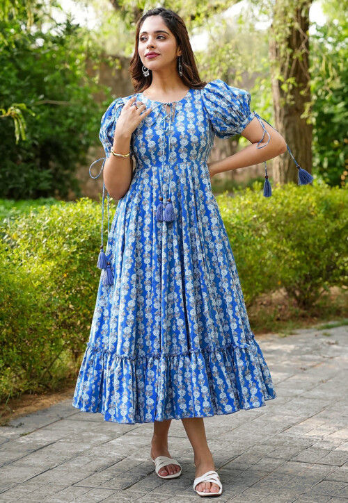 Buy Digital Printed Rayon Aline Dress in Blue Online : TQH39 - Utsav ...