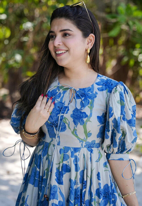 Buy Digital Printed Rayon Aline Dress in Cream and Blue Online : TQH41 ...