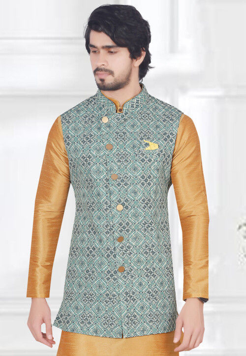 Buy Digital Printed Rayon Long Nehru Jacket in Sea Green Online ...