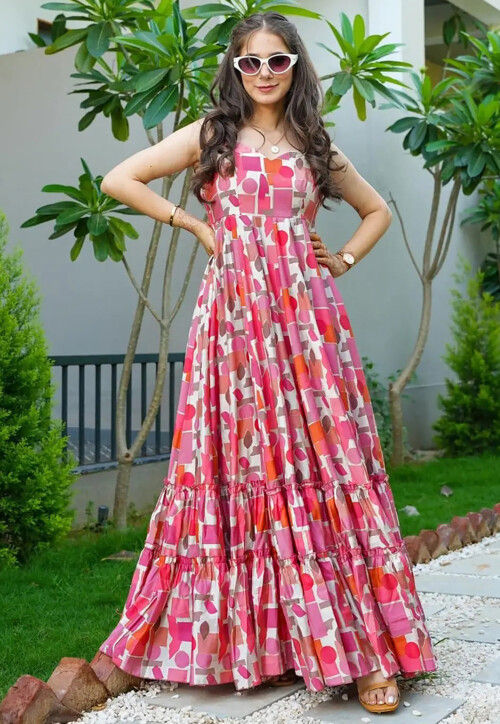 Buy Digital Printed Rayon Maxi Dress in Cream and Pink Online : TQH49 ...