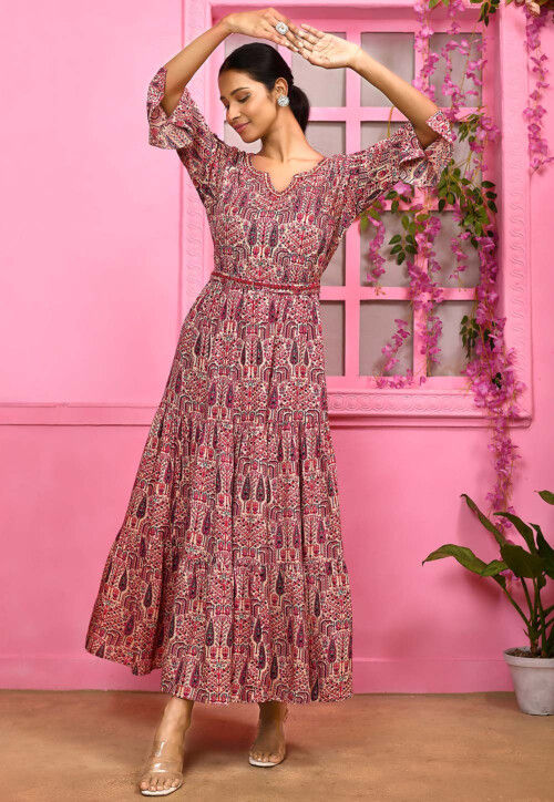 Buy Digital Printed Rayon Maxi Dress in Peach Online : TQF75 - Utsav ...