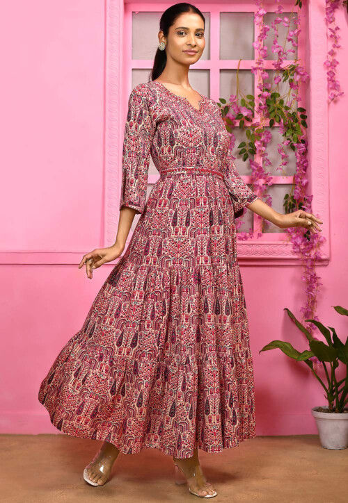 Buy Digital Printed Rayon Maxi Dress in Peach Online : TQF75 - Utsav ...