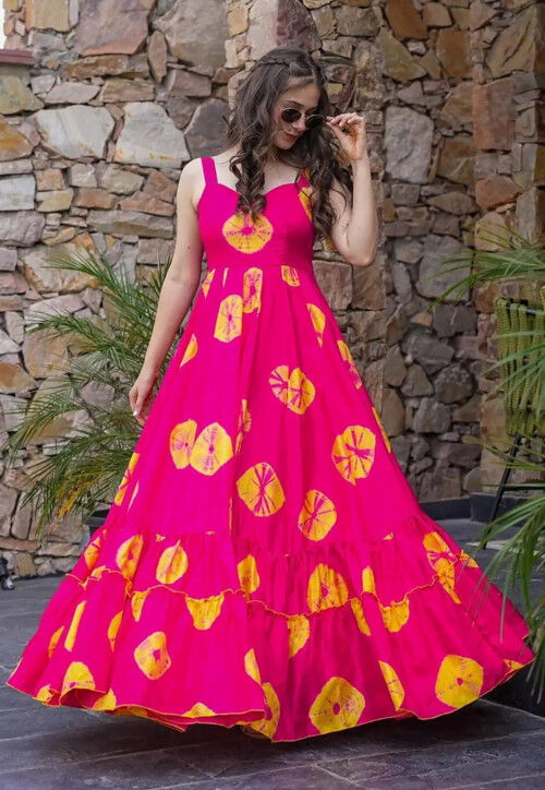 Buy Digital Printed Rayon Maxi Dress in Pink Online : TQH46 - Utsav Fashion