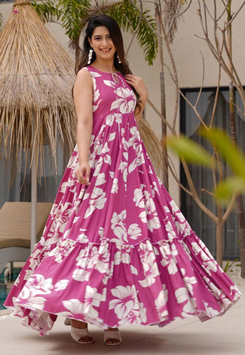 Buy Digital Printed Rayon Maxi Dress in Pink Online : TQH88 - Utsav Fashion