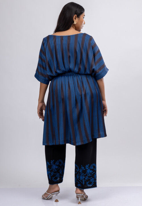 Buy Digital Printed Satin Crepe Tunic Set in Black and Blue Online ...